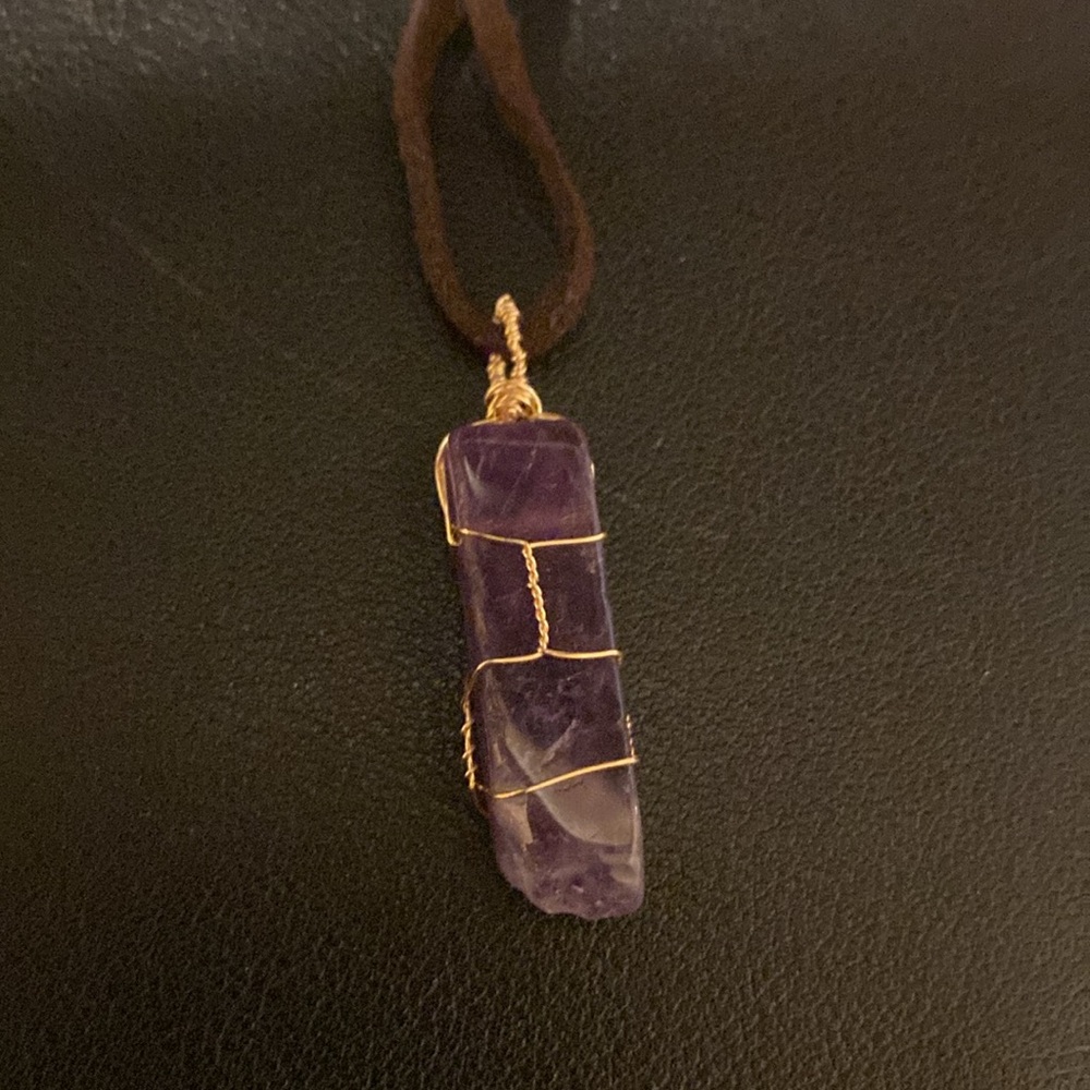 Wire-Wrapped Amethyst Pendant & Suede Necklace - Gem